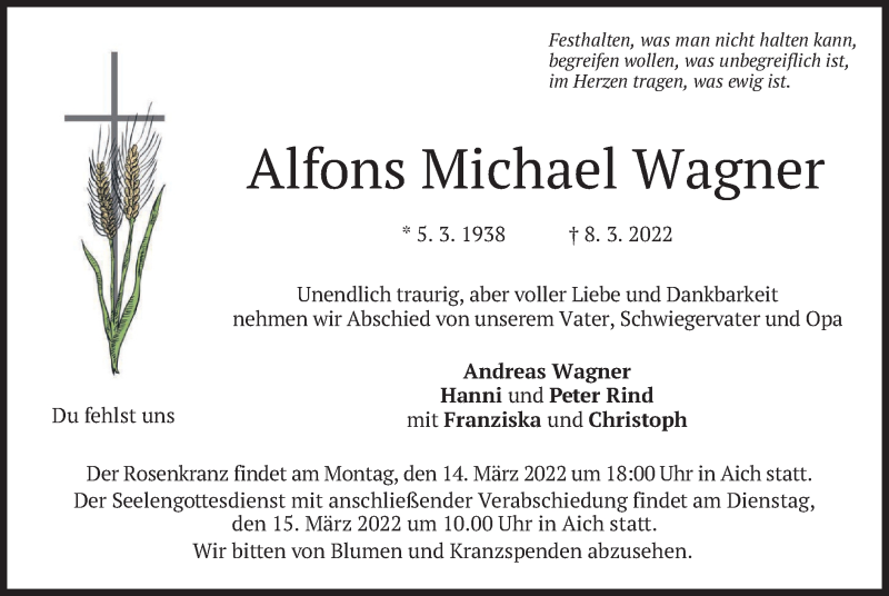 Traueranzeigen von Alfons Michael Wagner | trauer.merkur.de