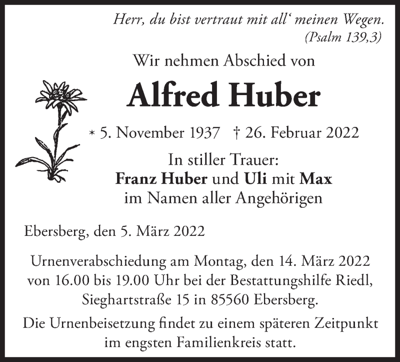 Traueranzeigen von Alfred Huber | trauer.merkur.de