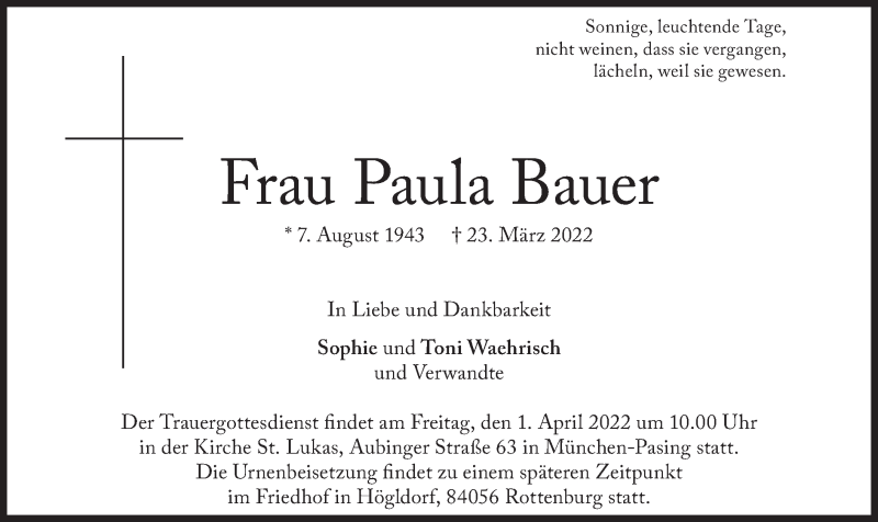 Traueranzeigen von Paula Bauer | trauer.merkur.de