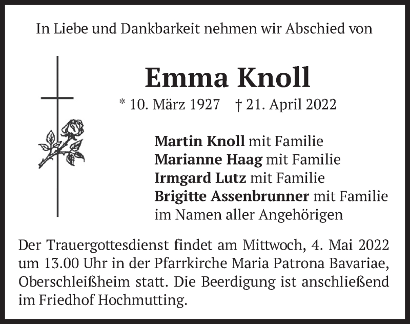 Traueranzeigen von Emma Knoll | trauer.merkur.de