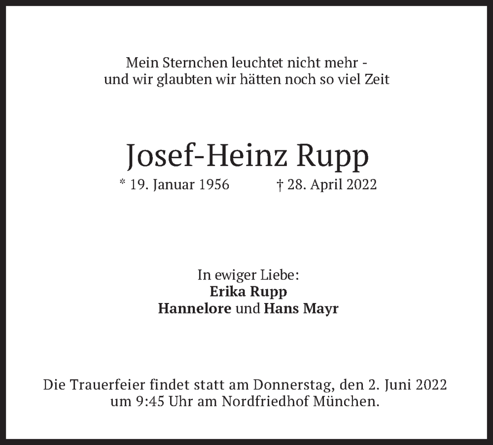 Traueranzeigen von Josef-Heinz Rupp | trauer.merkur.de