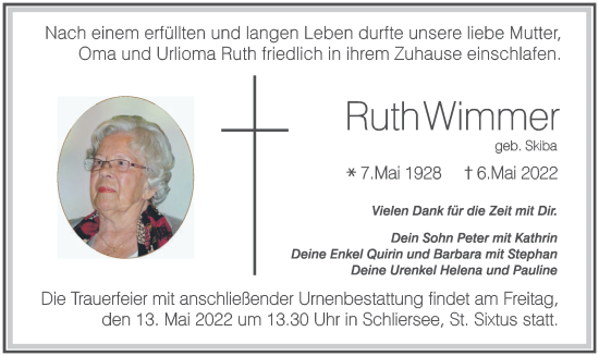 Traueranzeigen von Ruth Wimmer | trauer.merkur.de