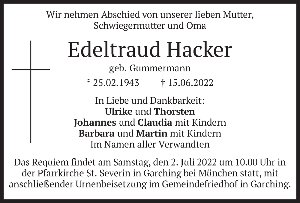 Traueranzeigen von Edeltraud Hacker | trauer.merkur.de