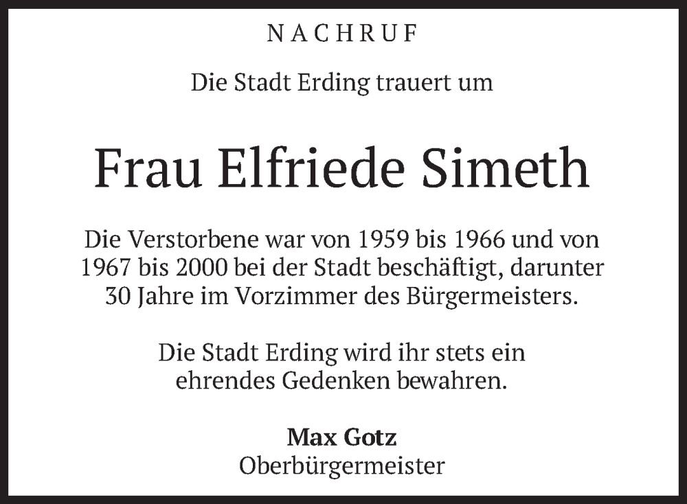 Traueranzeigen von Elfriede Simeth | trauer.merkur.de