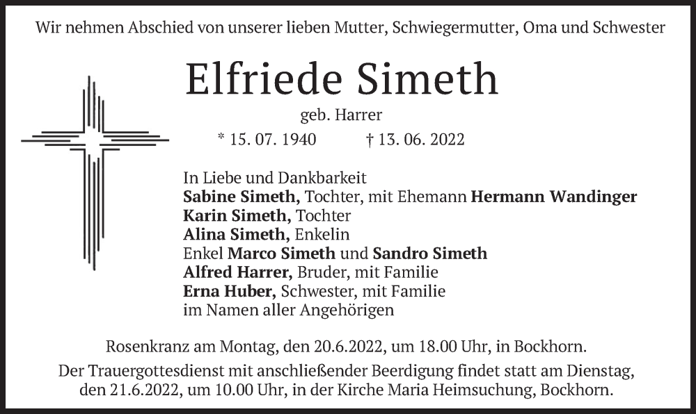 Traueranzeigen von Elfriede Simeth | trauer.merkur.de