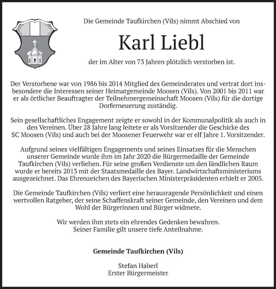 Traueranzeigen von Karl Liebl | trauer.merkur.de