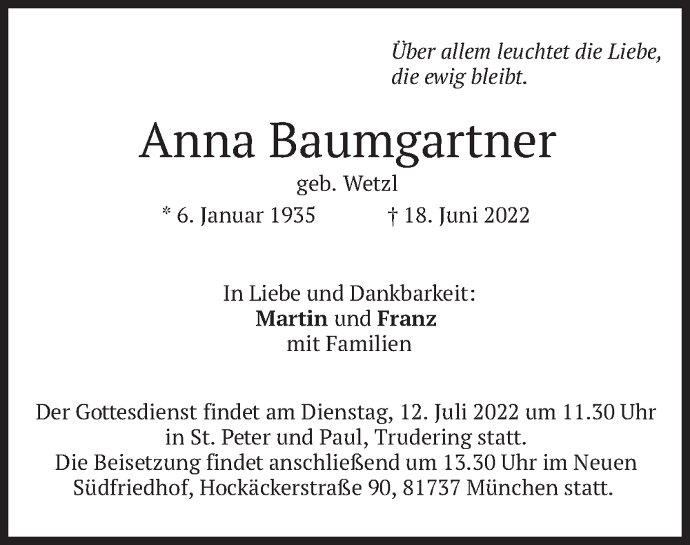 Traueranzeigen von Anna Baumgartner | trauer.merkur.de