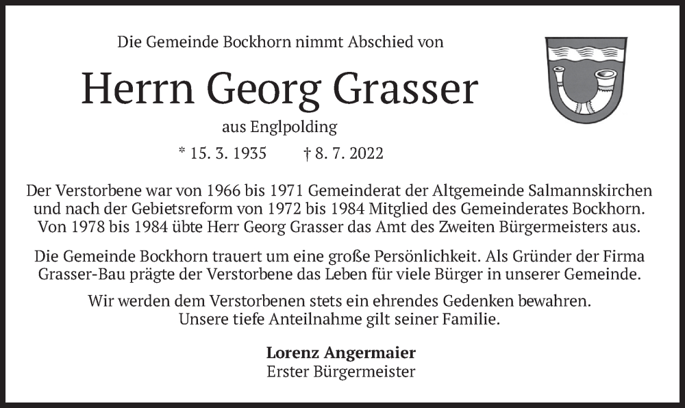 Traueranzeigen von Georg Grasser | trauer.merkur.de