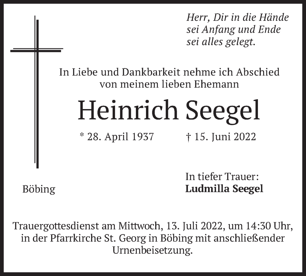 Traueranzeigen von Heinrich Seegel | trauer.merkur.de