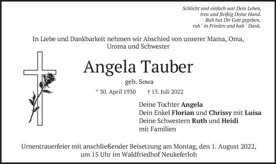 Traueranzeigen von Angela Tauber | trauer.merkur.de
