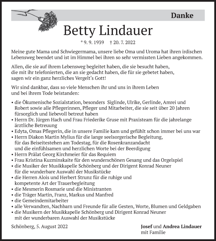 Traueranzeigen von Betty Lindauer | trauer.merkur.de