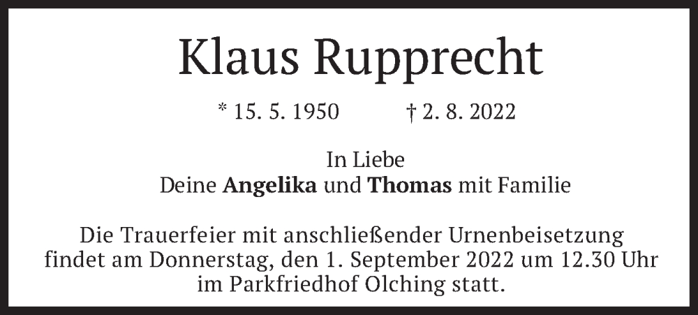 Traueranzeigen von Klaus Rupprecht | trauer.merkur.de