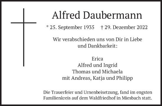 Traueranzeigen von Alfred Daubermann | trauer.merkur.de