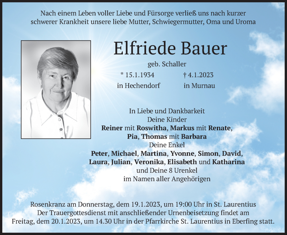 Traueranzeigen von Elfriede Bauer | trauer.merkur.de
