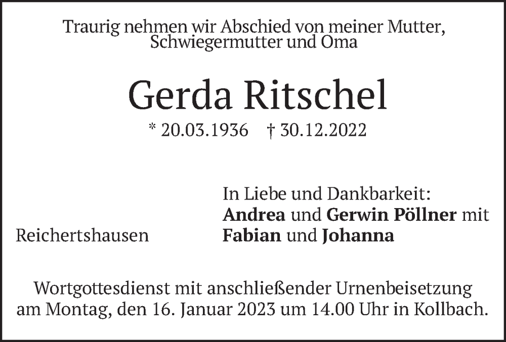 Traueranzeigen von Gerda Ritschel | trauer.merkur.de