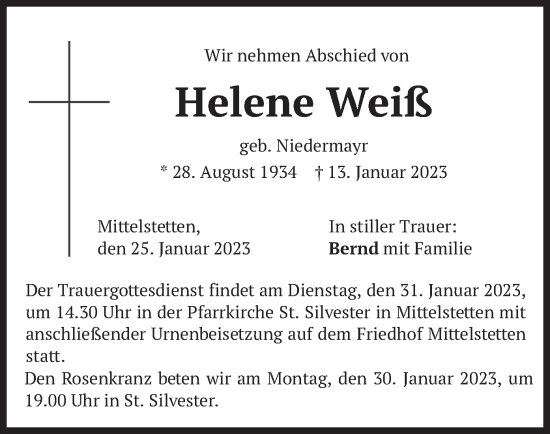 Traueranzeigen von Helene Weiß | trauer.merkur.de