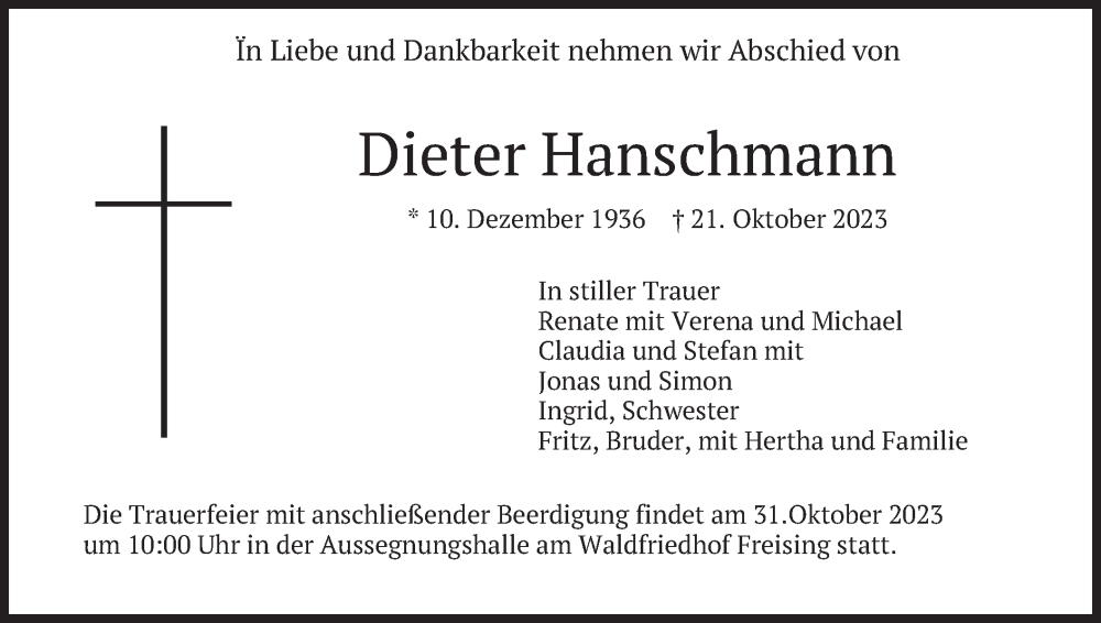 Traueranzeigen von Dieter Hanschmann | trauer.merkur.de