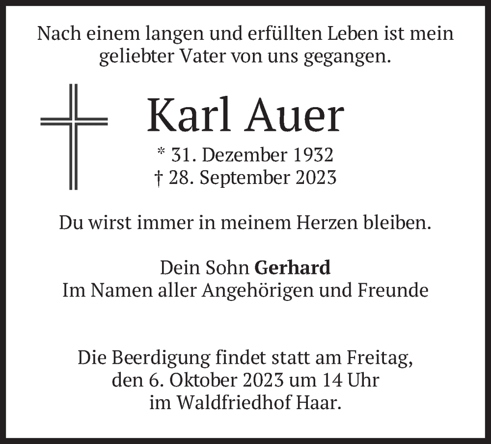 Traueranzeigen von Karl Auer | trauer.merkur.de