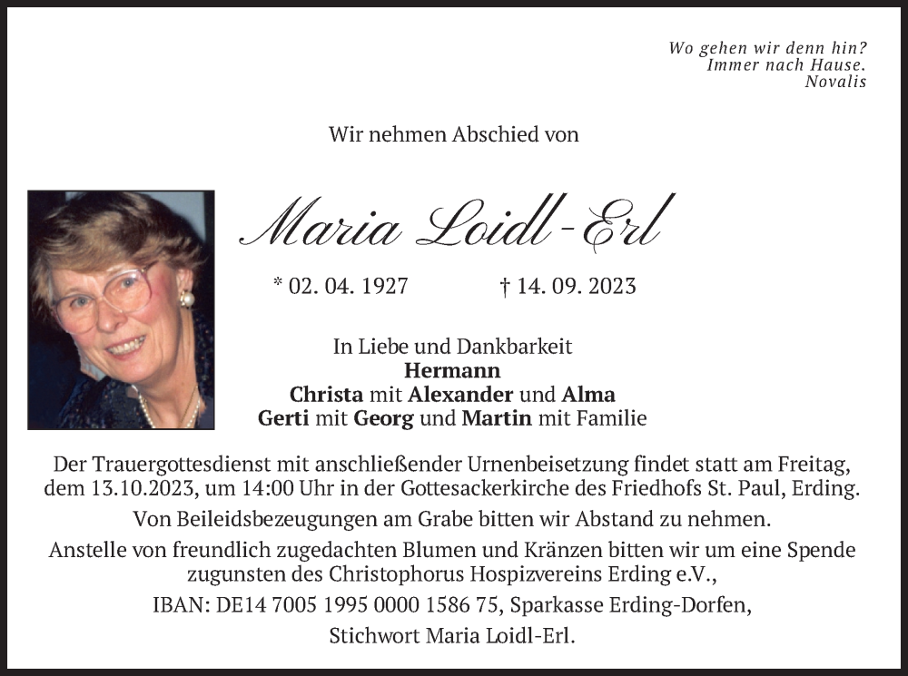 Traueranzeigen von Maria Loidl-Erl | trauer.merkur.de