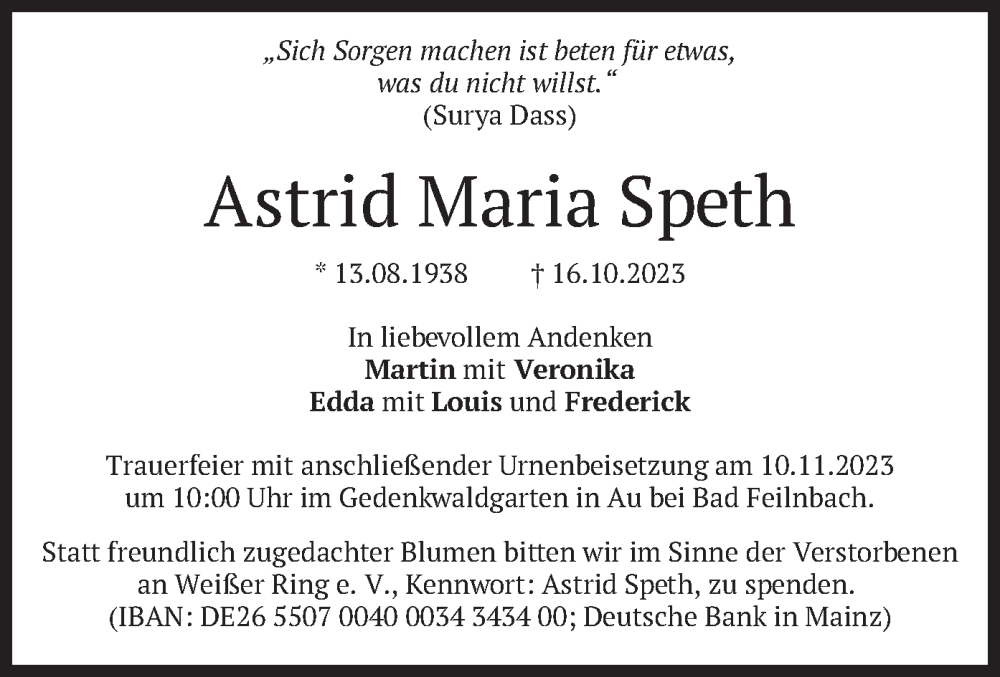 Traueranzeigen von Astrid Maria Speth | trauer.merkur.de