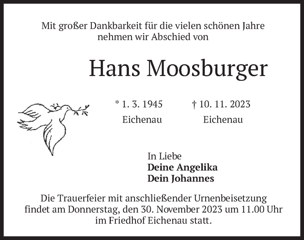 Traueranzeigen von Hans Moosburger | trauer.merkur.de