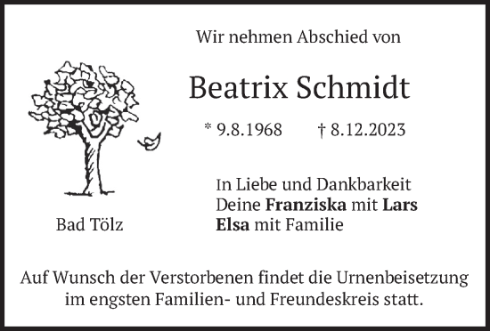 Traueranzeigen von Beatrix Schmidt | trauer.merkur.de