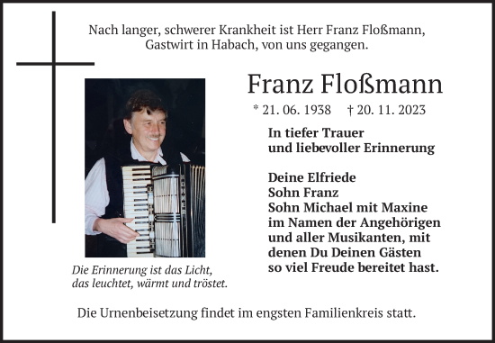 Traueranzeigen von Franz Floßmann | trauer.merkur.de