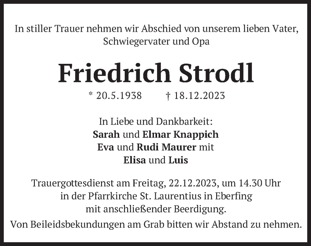 Traueranzeigen von Friedrich Strodl | trauer.merkur.de
