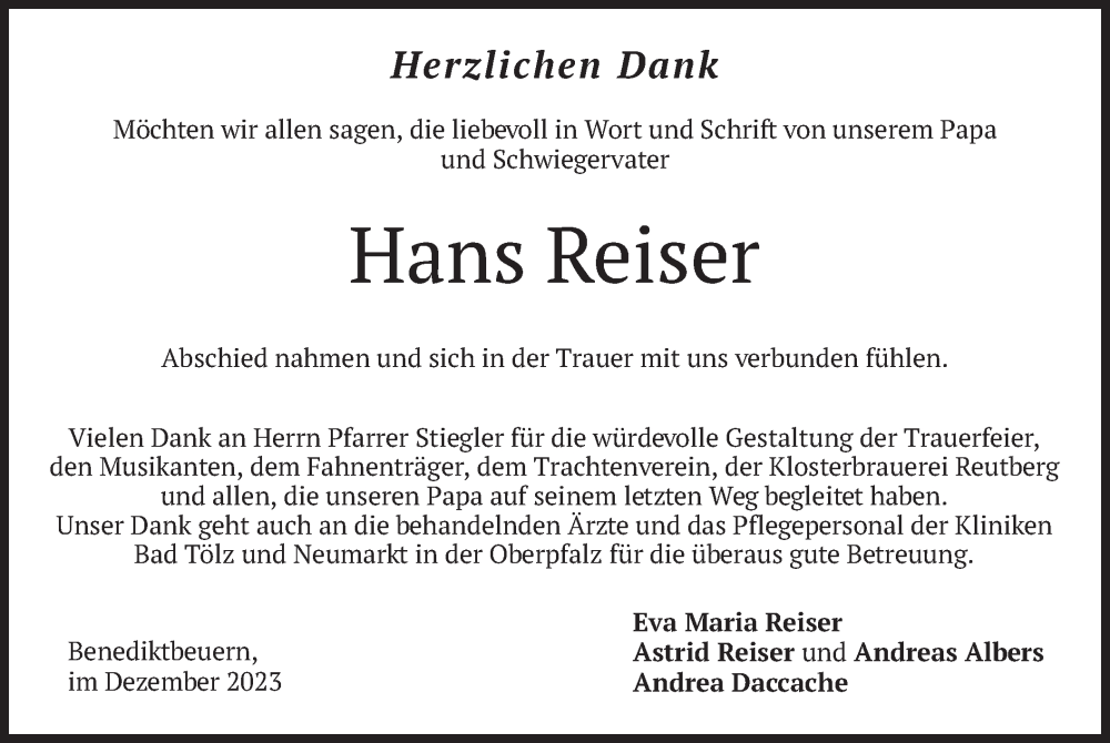 Traueranzeigen von Hans Reiser | trauer.merkur.de