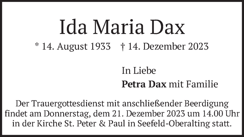 Traueranzeigen von Ida Maria Dax | trauer.merkur.de