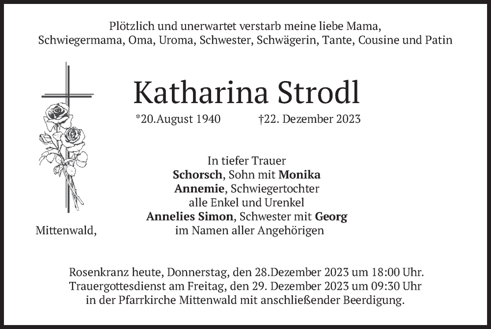 Traueranzeigen von Katharina Strodl | trauer.merkur.de