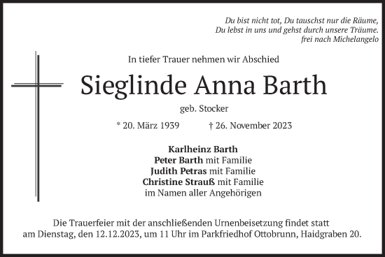 Traueranzeigen von Sieglinde Anna Barth | trauer.merkur.de