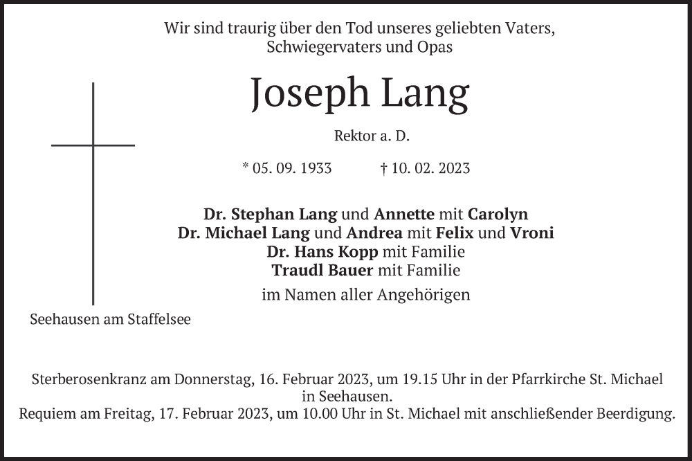 Traueranzeigen von Joseph Lang | trauer.merkur.de