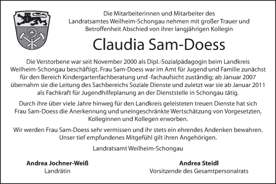 Traueranzeigen von Claudia Sam-Doess | trauer.merkur.de