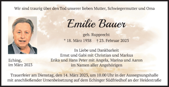 Traueranzeigen von Emilie Bauer | trauer.merkur.de