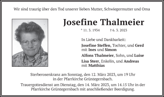 Traueranzeigen von Josefine Thalmeier | trauer.merkur.de