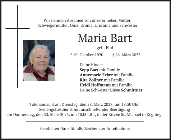Traueranzeigen von Maria Bart | trauer.merkur.de