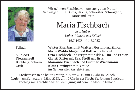 Traueranzeigen von Maria Fischbach | trauer.merkur.de