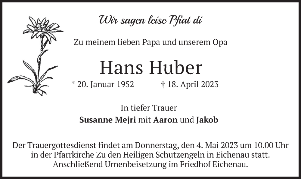 Traueranzeigen von Hans Huber | trauer.merkur.de