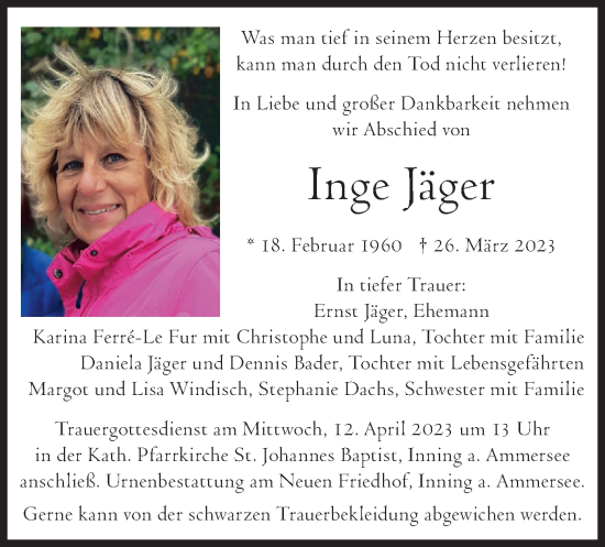 Traueranzeigen von Inge Jäger | trauer.merkur.de