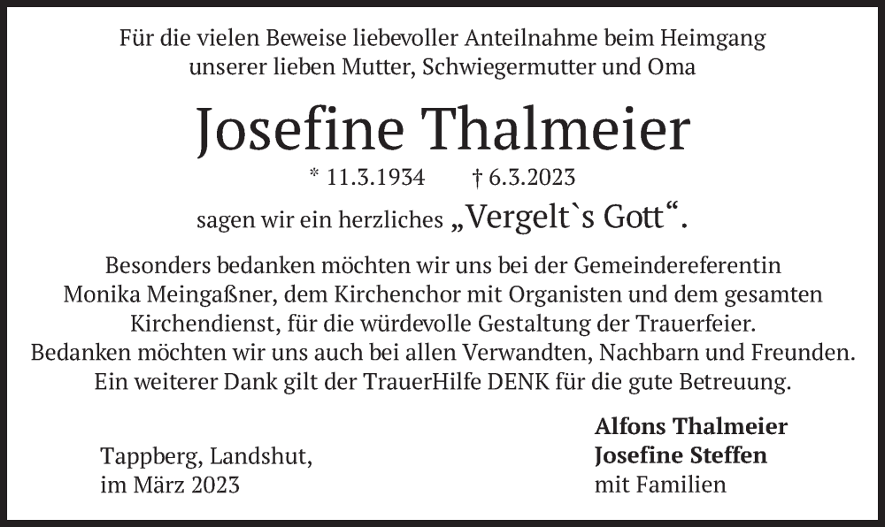 Traueranzeigen von Josefine Thalmeier | trauer.merkur.de