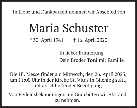 Traueranzeigen von Maria Schuster | trauer.merkur.de