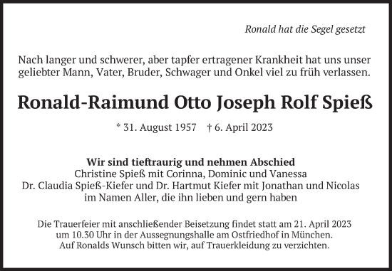 Traueranzeigen von Ronald-Raimund Otto Joseph Rolf Spieß | trauer.merkur.de