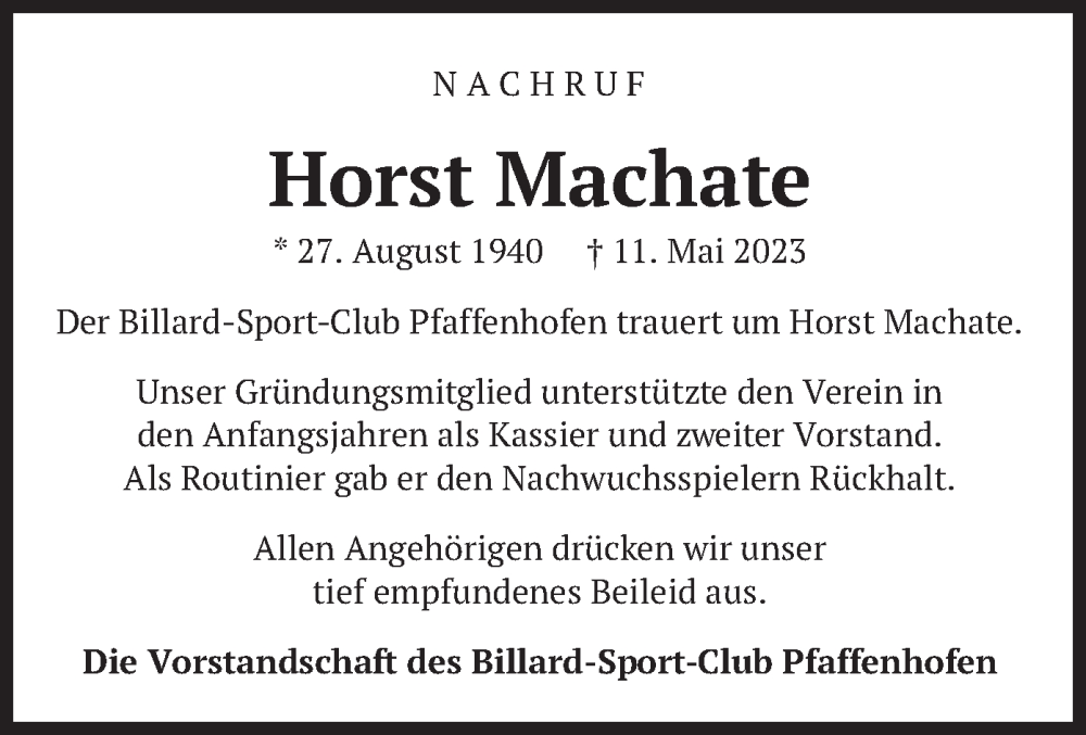 Traueranzeigen von Horst Machate | trauer.merkur.de