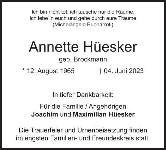 Traueranzeigen von Annette Hüesker | trauer.merkur.de