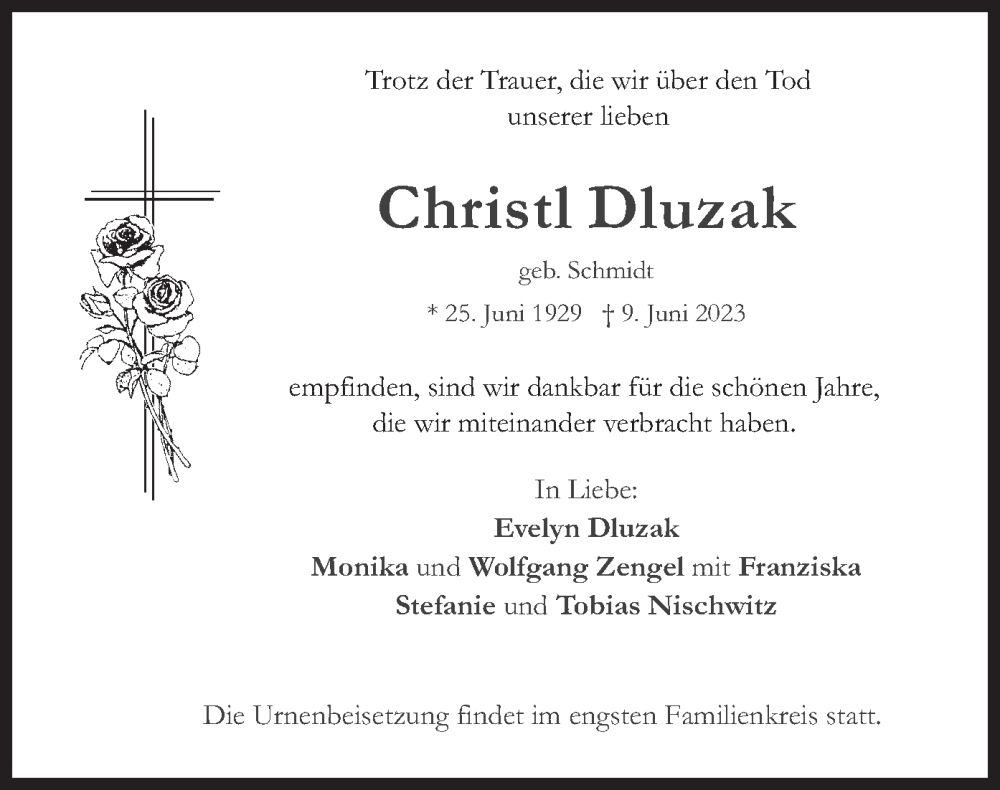 Traueranzeigen von Christl Dluzak | trauer.merkur.de
