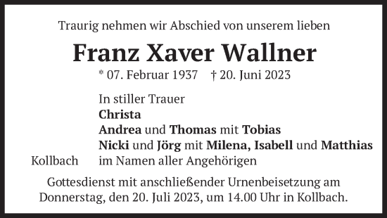 Traueranzeigen von Franz Wallner | trauer.merkur.de