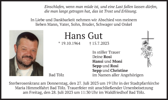 Traueranzeigen von Hans Gut | trauer.merkur.de