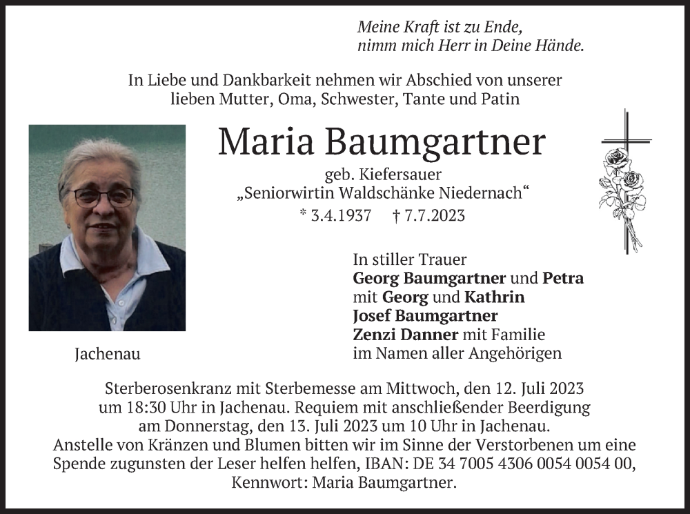Traueranzeigen von Maria Baumgartner | trauer.merkur.de