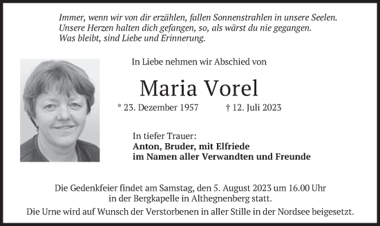 Traueranzeigen von Maria Vorel | trauer.merkur.de